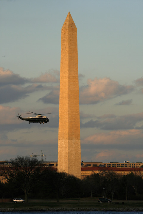 Presidential helicopter Marine One flies by Washington Monument at ...